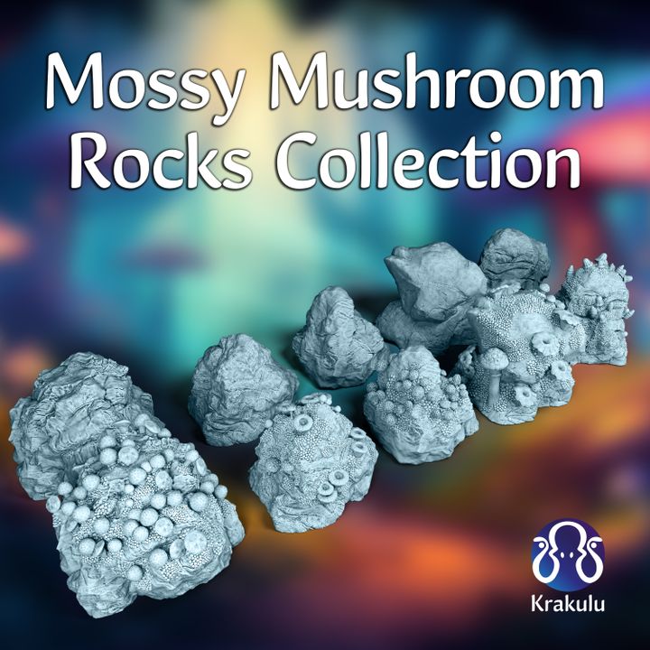 3D Printable Mossy Mushroom Rocks Collection by Krakulu